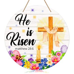 sicohome he is risen door sign 11.5" farmhouse easter cross wreath sign for front door religious easter door hanger sign for home wall farmhouse porch indoor outdoor spring decor supplies