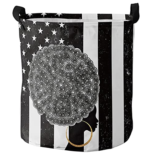 Laundry Baskets African Woman Collapsible Clothes Hamper Black Girl American Flag Foldable Freestanding Laundry Hamper with Handle Storage Basket for Laundry 16.5x17in