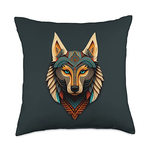 Animal Print Designs Tribal Ornamental Wolf Southwestern Throw Pillow, 18x18, Multicolor