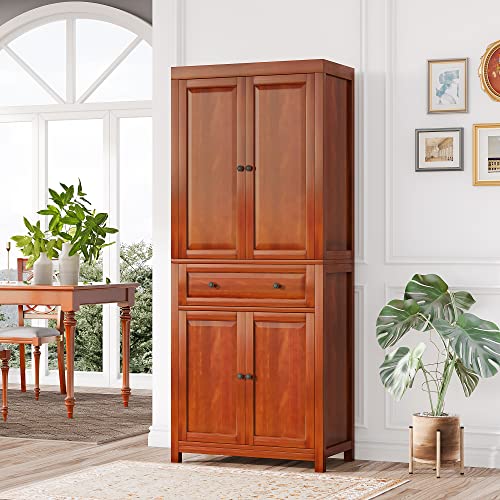 HOMCOM 72.5" Pinewood Large Kitchen Pantry Storage Cabinet, Freestanding Cabinets with Doors and Shelf Adjustability, Soft-Close Mechanism, Living Room & Dining Room Furniture, Mahogany