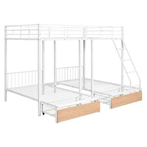 Harper & Bright Designs Metal Triple Bunk Beds with Storage, Full Over Twin & Twin Bunk Beds with Drawers,3 Bed Bunk Bunk for Kids, Girls, Boys,Teens, Adults,Can be Separated into 3 Beds, White