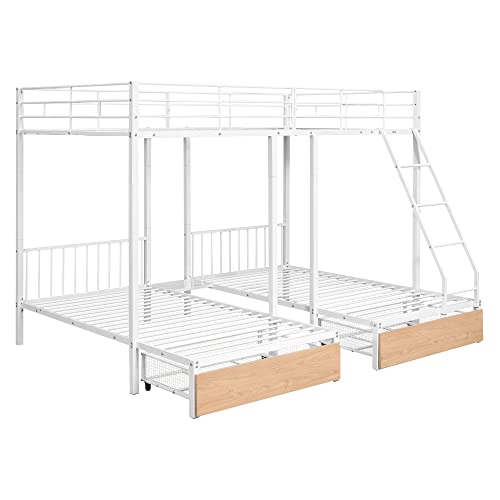 Harper & Bright Designs Metal Triple Bunk Beds with Storage, Full Over Twin & Twin Bunk Beds with Drawers,3 Bed Bunk Bunk for Kids, Girls, Boys,Teens, Adults,Can be Separated into 3 Beds, White