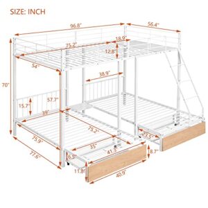 Harper & Bright Designs Metal Triple Bunk Beds with Storage, Full Over Twin & Twin Bunk Beds with Drawers,3 Bed Bunk Bunk for Kids, Girls, Boys,Teens, Adults,Can be Separated into 3 Beds, White