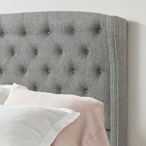 Rosevera Louis Linen Upholstered Wingback Headboard with Double Nailhead Trimming and Button Tufting for Bedroom, Queen, Gray