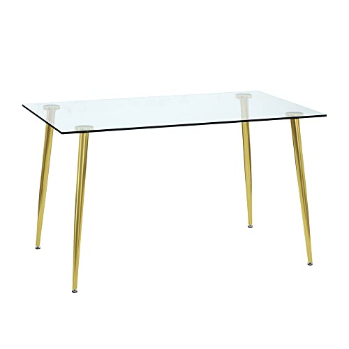 POULEII Glass Dining Table,Modern Minimalist Rectangular Table with Tempered Glass Tabletop and Golden Chrome Metal Legs for 6-8, Space Saving Dining Table for Kitchen Dining Room