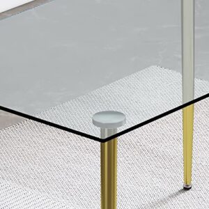 POULEII Glass Dining Table,Modern Minimalist Rectangular Table with Tempered Glass Tabletop and Golden Chrome Metal Legs for 6-8, Space Saving Dining Table for Kitchen Dining Room