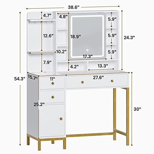 Makeup Vanity with Lights, Vanity Desk with Openable Mirror & 3-Color Dimmable, White Vanity Table with Charging Station, Makeup Desk with Visual Drawer, Hooks, Hidden and Open Storage Shelves