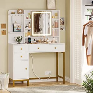 Makeup Vanity with Lights, Vanity Desk with Openable Mirror & 3-Color Dimmable, White Vanity Table with Charging Station, Makeup Desk with Visual Drawer, Hooks, Hidden and Open Storage Shelves