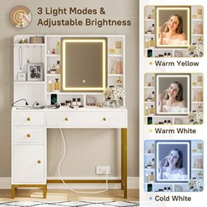 Makeup Vanity with Lights, Vanity Desk with Openable Mirror & 3-Color Dimmable, White Vanity Table with Charging Station, Makeup Desk with Visual Drawer, Hooks, Hidden and Open Storage Shelves