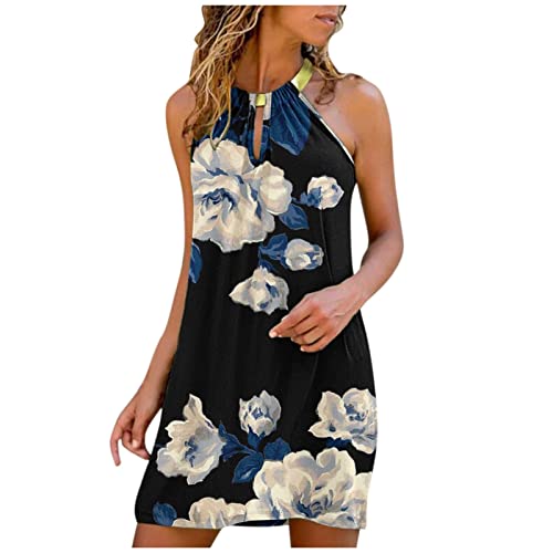 Flowy Dresses for Women, Elegant Dresses Women Wedding Guest Long Black Sleeve Bodycon Dress Winter Formal Dresses Women's Fashion Summer 2022 Printed Strapless Hanging Neck (M, Beige)