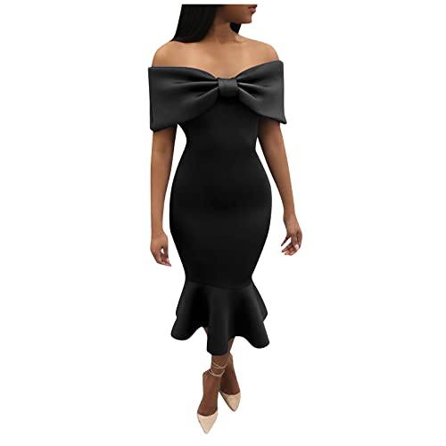 Bodycon Dresses for Women, Sequin Dress Long Sleeve Sun Dresses Women's Maxi Summer Women's Solid Color Sheath Sleeveless Bow Fishtail Dress Sexy Waist Gown Shipping Items Dress (L, Black)