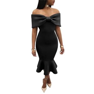 Bodycon Dresses for Women, Sequin Dress Long Sleeve Sun Dresses Women's Maxi Summer Women's Solid Color Sheath Sleeveless Bow Fishtail Dress Sexy Waist Gown Shipping Items Dress (L, Black)