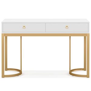 Tribesigns 47 inch White and Gold Computer Desk with 2 Drawers, Modern Simple White Vanity Desks Makeup Table with Heavy Duty Golden Metal Frame Handles for Home Bedroom (Without Mirror)