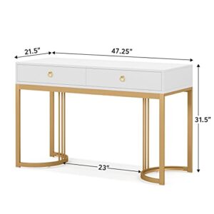 Tribesigns 47 inch White and Gold Computer Desk with 2 Drawers, Modern Simple White Vanity Desks Makeup Table with Heavy Duty Golden Metal Frame Handles for Home Bedroom (Without Mirror)