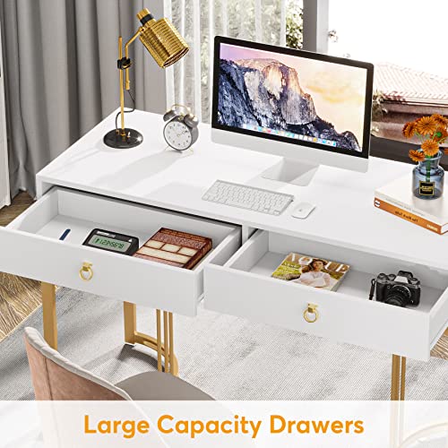 Tribesigns 47 inch White and Gold Computer Desk with 2 Drawers, Modern Simple White Vanity Desks Makeup Table with Heavy Duty Golden Metal Frame Handles for Home Bedroom (Without Mirror)