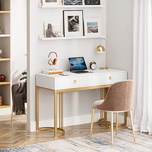 Tribesigns 47 inch White and Gold Computer Desk with 2 Drawers, Modern Simple White Vanity Desks Makeup Table with Heavy Duty Golden Metal Frame Handles for Home Bedroom (Without Mirror)