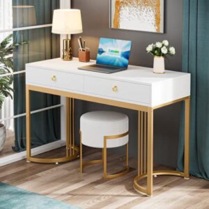 Tribesigns 47 inch White and Gold Computer Desk with 2 Drawers, Modern Simple White Vanity Desks Makeup Table with Heavy Duty Golden Metal Frame Handles for Home Bedroom (Without Mirror)