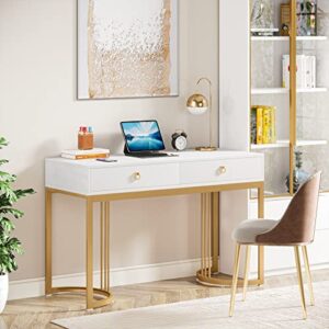 Tribesigns 47 inch White and Gold Computer Desk with 2 Drawers, Modern Simple White Vanity Desks Makeup Table with Heavy Duty Golden Metal Frame Handles for Home Bedroom (Without Mirror)