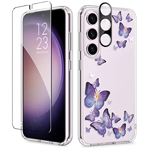 GVIEWIN Compatible with Samsung Galaxy S23 Plus Case with Screen Protector+Camera Lens Protector, Slim Shockproof Clear Floral Pattern Phone Protective Cover for Women 6.6" (Alluring Butterfly/Purple)