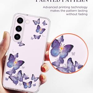 GVIEWIN Compatible with Samsung Galaxy S23 Plus Case with Screen Protector+Camera Lens Protector, Slim Shockproof Clear Floral Pattern Phone Protective Cover for Women 6.6" (Alluring Butterfly/Purple)