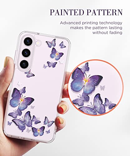 GVIEWIN Compatible with Samsung Galaxy S23 Plus Case with Screen Protector+Camera Lens Protector, Slim Shockproof Clear Floral Pattern Phone Protective Cover for Women 6.6" (Alluring Butterfly/Purple)