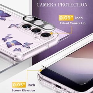 GVIEWIN Compatible with Samsung Galaxy S23 Plus Case with Screen Protector+Camera Lens Protector, Slim Shockproof Clear Floral Pattern Phone Protective Cover for Women 6.6" (Alluring Butterfly/Purple)