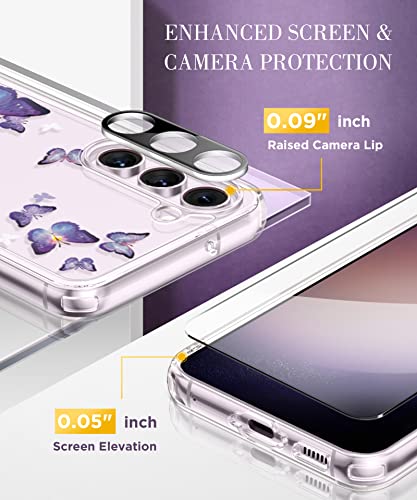 GVIEWIN Compatible with Samsung Galaxy S23 Plus Case with Screen Protector+Camera Lens Protector, Slim Shockproof Clear Floral Pattern Phone Protective Cover for Women 6.6" (Alluring Butterfly/Purple)