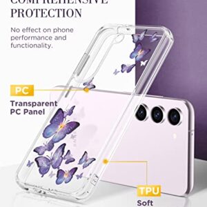 GVIEWIN Compatible with Samsung Galaxy S23 Plus Case with Screen Protector+Camera Lens Protector, Slim Shockproof Clear Floral Pattern Phone Protective Cover for Women 6.6" (Alluring Butterfly/Purple)