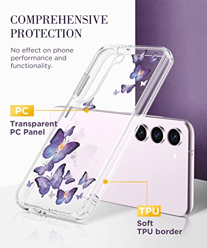 GVIEWIN Compatible with Samsung Galaxy S23 Plus Case with Screen Protector+Camera Lens Protector, Slim Shockproof Clear Floral Pattern Phone Protective Cover for Women 6.6" (Alluring Butterfly/Purple)