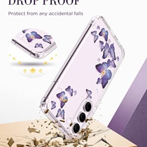 GVIEWIN Compatible with Samsung Galaxy S23 Plus Case with Screen Protector+Camera Lens Protector, Slim Shockproof Clear Floral Pattern Phone Protective Cover for Women 6.6" (Alluring Butterfly/Purple)