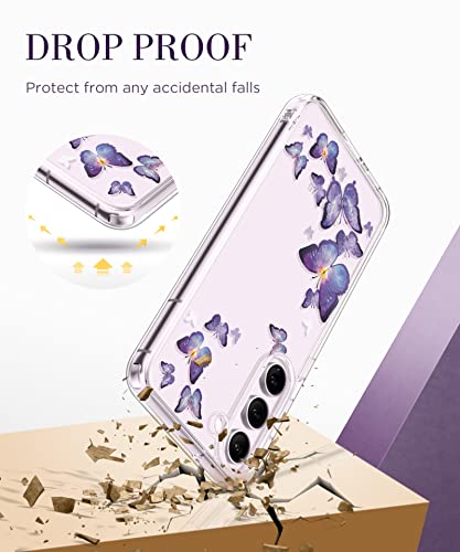 GVIEWIN Compatible with Samsung Galaxy S23 Plus Case with Screen Protector+Camera Lens Protector, Slim Shockproof Clear Floral Pattern Phone Protective Cover for Women 6.6" (Alluring Butterfly/Purple)