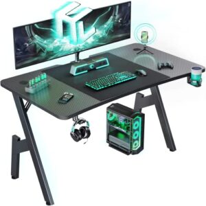 hldirect 47 inch gaming desk with carbon fibre surface large computer desk gaming table ergonomic pc gaming workstation home office desks with cup holder & headphone hook