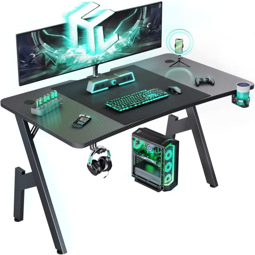 HLDIRECT 47 Inch Gaming Desk with Carbon Fibre Surface Large Computer Desk Gaming Table Ergonomic Pc Gaming Workstation Home Office Desks with Cup Holder & Headphone Hook