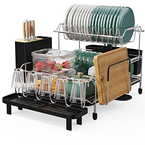 GOFLAME Dish Drying Rack with Drainboard, 2-Tier Detachable Dish Rack with 360°Swivel Spout, Utensil Holder, Cup Holder, Large Capacity Dish Drainer Set for Kitchen Counter