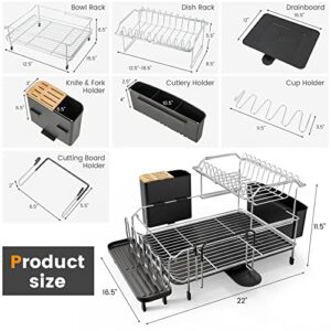 GOFLAME Dish Drying Rack with Drainboard, 2-Tier Detachable Dish Rack with 360°Swivel Spout, Utensil Holder, Cup Holder, Large Capacity Dish Drainer Set for Kitchen Counter