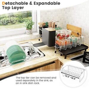 GOFLAME Dish Drying Rack with Drainboard, 2-Tier Detachable Dish Rack with 360°Swivel Spout, Utensil Holder, Cup Holder, Large Capacity Dish Drainer Set for Kitchen Counter