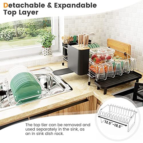 GOFLAME Dish Drying Rack with Drainboard, 2-Tier Detachable Dish Rack with 360°Swivel Spout, Utensil Holder, Cup Holder, Large Capacity Dish Drainer Set for Kitchen Counter