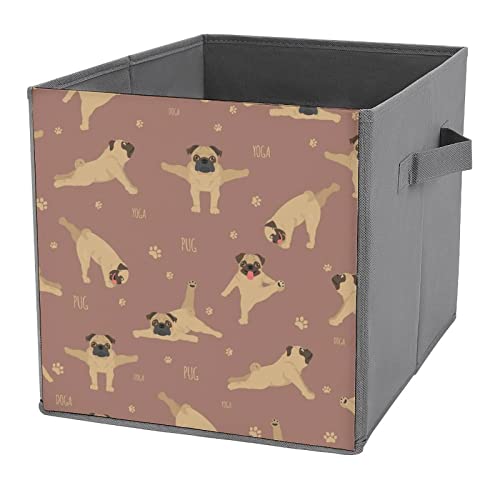 Yoga Dogs and Exercises Pug Canvas Collapsible Storage Bins Cube Organizer Baskets with Handles for Home Office Car