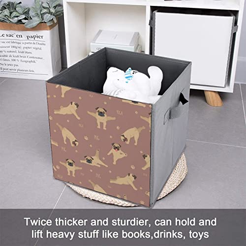 Yoga Dogs and Exercises Pug Canvas Collapsible Storage Bins Cube Organizer Baskets with Handles for Home Office Car