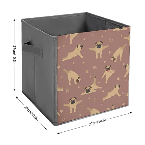 Yoga Dogs and Exercises Pug Canvas Collapsible Storage Bins Cube Organizer Baskets with Handles for Home Office Car