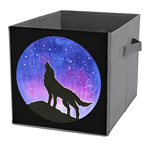 Howling Wolf Silhouette Galaxy Canvas Collapsible Storage Bins Cube Organizer Baskets with Handles for Home Office Car