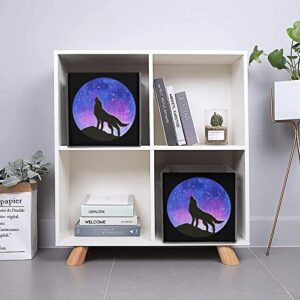 Howling Wolf Silhouette Galaxy Canvas Collapsible Storage Bins Cube Organizer Baskets with Handles for Home Office Car