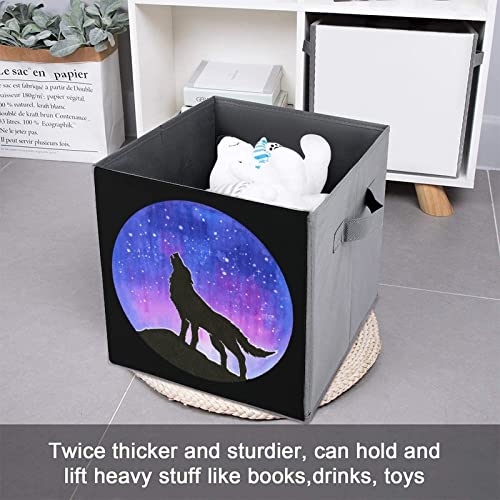 Howling Wolf Silhouette Galaxy Canvas Collapsible Storage Bins Cube Organizer Baskets with Handles for Home Office Car