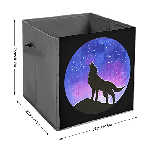 Howling Wolf Silhouette Galaxy Canvas Collapsible Storage Bins Cube Organizer Baskets with Handles for Home Office Car