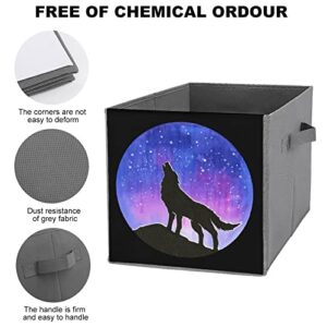 Howling Wolf Silhouette Galaxy Canvas Collapsible Storage Bins Cube Organizer Baskets with Handles for Home Office Car