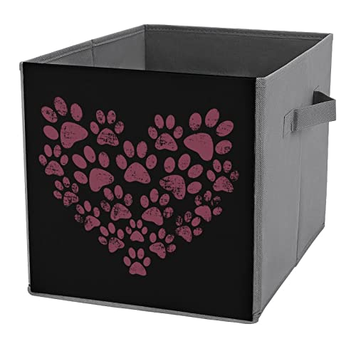 Dog Paws Print Heart Canvas Collapsible Storage Bins Cube Organizer Baskets with Handles for Home Office Car