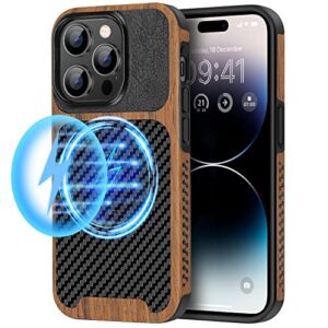 tendlin magnetic case compatible with iphone 14 pro max case wood grain with carbon fiber texture design leather hybrid slim case (compatible with magsafe) black