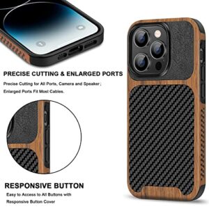 TENDLIN Magnetic Case Compatible with iPhone 14 Pro Max Case Wood Grain with Carbon Fiber Texture Design Leather Hybrid Slim Case (Compatible with MagSafe) Black