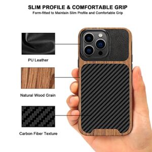 TENDLIN Magnetic Case Compatible with iPhone 14 Pro Max Case Wood Grain with Carbon Fiber Texture Design Leather Hybrid Slim Case (Compatible with MagSafe) Black