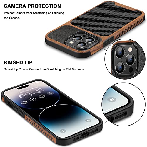 TENDLIN Magnetic Case Compatible with iPhone 14 Pro Max Case Wood Grain with Carbon Fiber Texture Design Leather Hybrid Slim Case (Compatible with MagSafe) Black